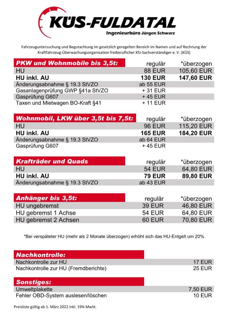 Preisliste – Ing.- & SV-Büro für Kfz-Technik Dipl.-Ing. Jürgen Schwarz